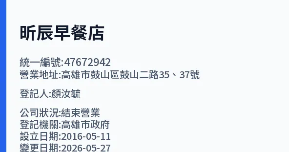 昕辰早餐店的照片-統編 47672942(高雄市) 公司登記資料與營業項目詳細圖表