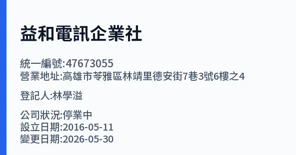 益和電訊企業社的照片-統編 47673055(高雄市) 公司登記資料與營業項目詳細圖表