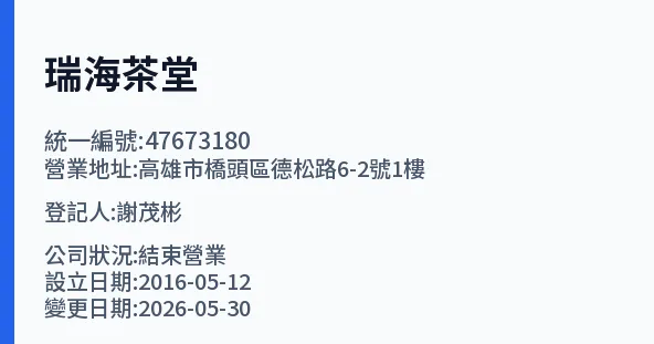瑞海茶堂的照片-統編 47673180(高雄市) 公司登記資料與營業項目詳細圖表