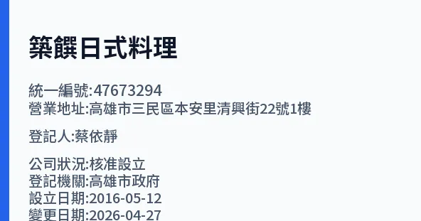 築饌日式料理的照片-統編 47673294(高雄市) 公司登記資料與營業項目詳細圖表