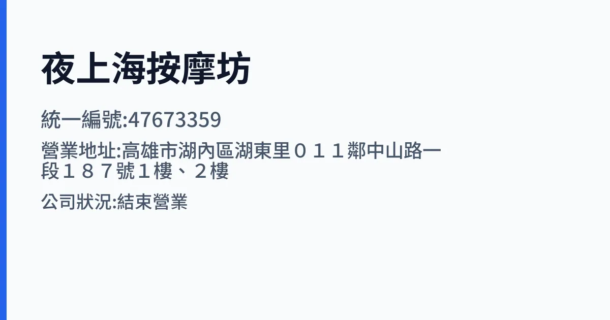 夜上海按摩坊 - 統編 47673359(高雄市) 公司登記資料與營業項目詳細圖表