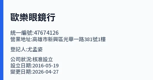 歐樂眼鏡行的照片-統編 47674126(高雄市) 公司登記資料與營業項目詳細圖表