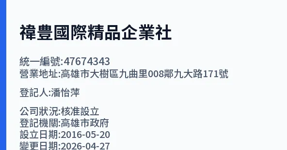 禕豊國際精品企業社的照片-統編 47674343(高雄市) 公司登記資料與營業項目詳細圖表