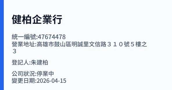 健柏企業行的照片-統編 47674478(高雄市) 公司登記資料與營業項目詳細圖表