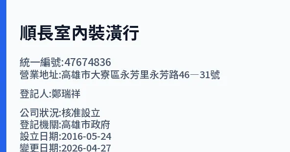 順長室內裝潢行的照片-統編 47674836(高雄市) 公司登記資料與營業項目詳細圖表
