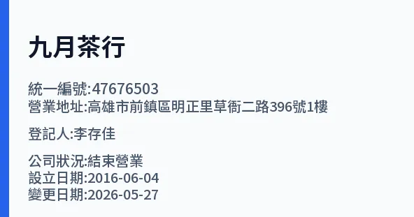 九月茶行的照片-統編 47676503(高雄市) 公司登記資料與營業項目詳細圖表