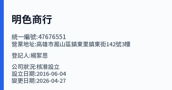 明色商行的照片-統編 47676551(高雄市) 公司登記資料與營業項目詳細圖表