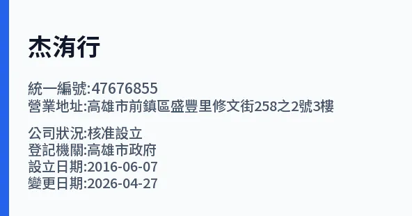 杰洧行的照片-統編 47676855(高雄市) 公司登記資料與營業項目詳細圖表