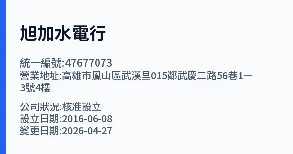 旭加水電行的照片-統編 47677073(高雄市) 公司登記資料與營業項目詳細圖表