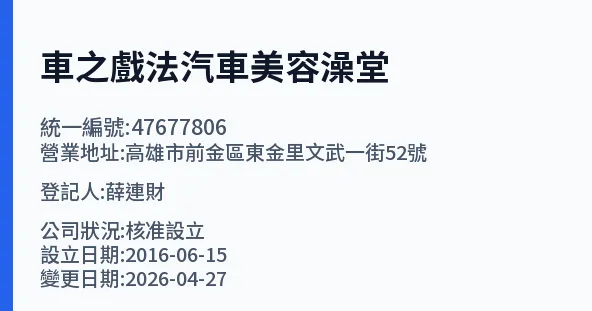 車之戲法汽車美容澡堂的照片-統編 47677806(高雄市) 公司登記資料與營業項目詳細圖表