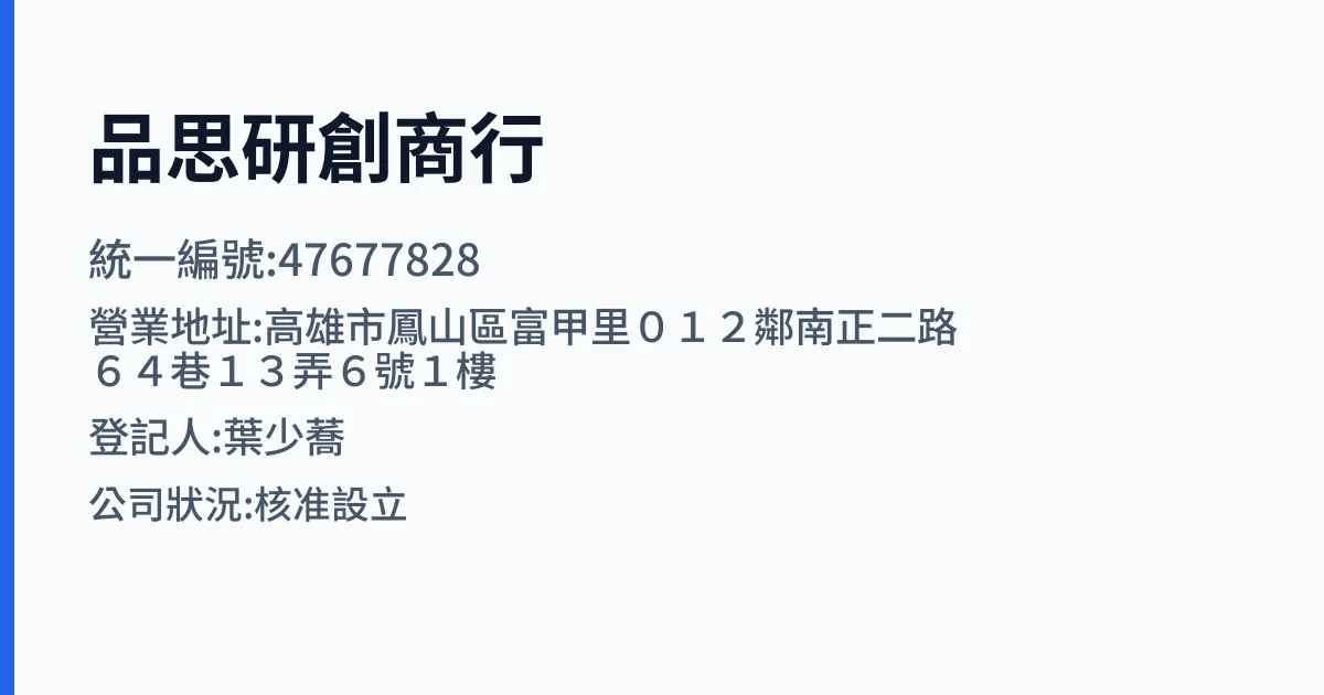 品思研創商行 - 統編 47677828(高雄市) 公司登記資料與營業項目詳細圖表