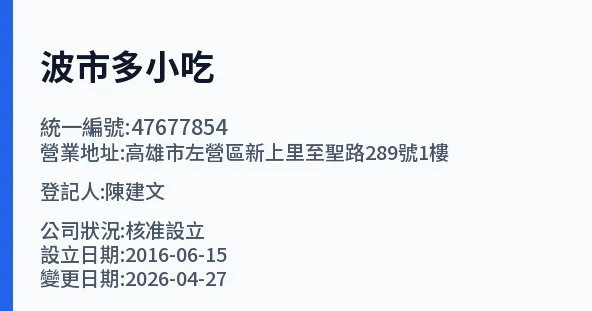 波市多小吃的照片-統編 47677854(高雄市) 公司登記資料與營業項目詳細圖表