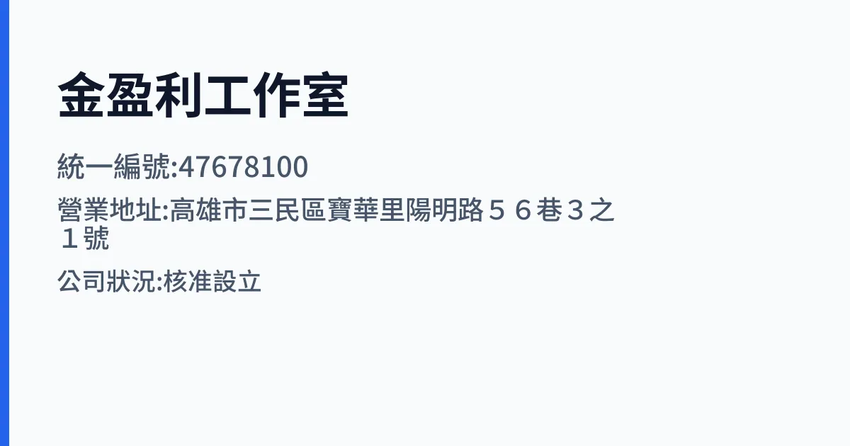 金盈利工作室 - 統編 47678100(高雄市) 公司登記資料與營業項目詳細圖表