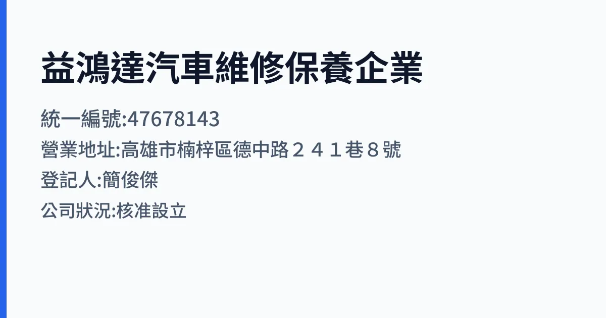 益鴻達汽車維修保養企業 - 統編 47678143(高雄市) 公司登記資料與營業項目詳細圖表
