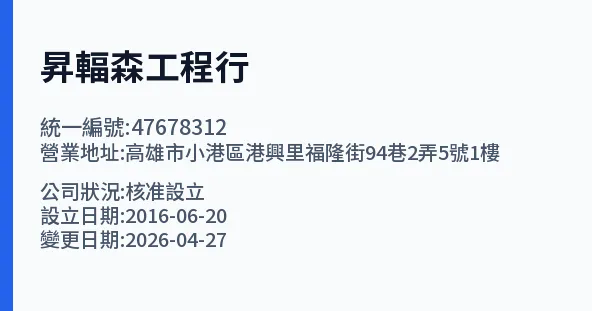 昇輻森工程行的照片-統編 47678312(高雄市) 公司登記資料與營業項目詳細圖表