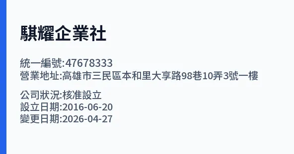 騏耀企業社的照片-統編 47678333(高雄市) 公司登記資料與營業項目詳細圖表