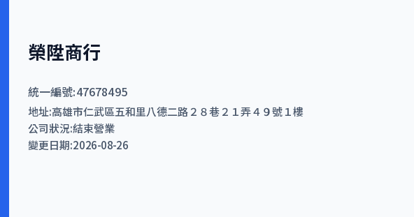 榮陞商行的照片-統編 47678495(高雄市) 公司登記資料與營業項目詳細圖表