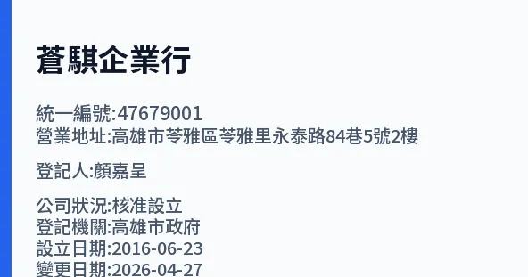 蒼騏企業行的照片-統編 47679001(高雄市) 公司登記資料與營業項目詳細圖表