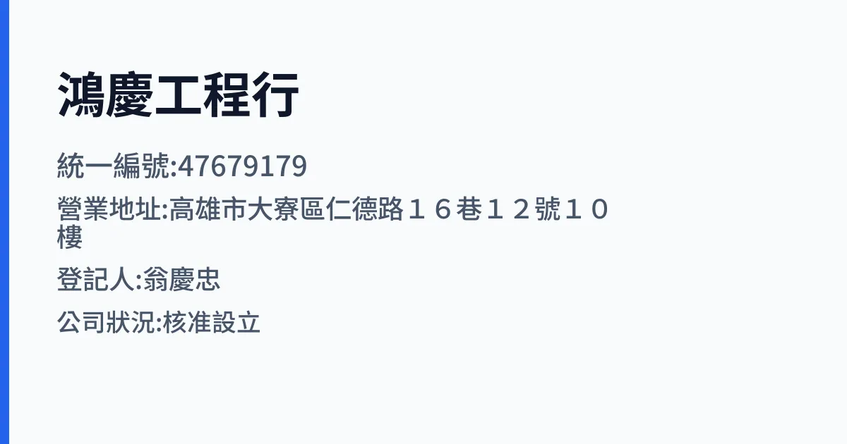 鴻慶工程行 - 統編 47679179(高雄市) 公司登記資料與營業項目詳細圖表