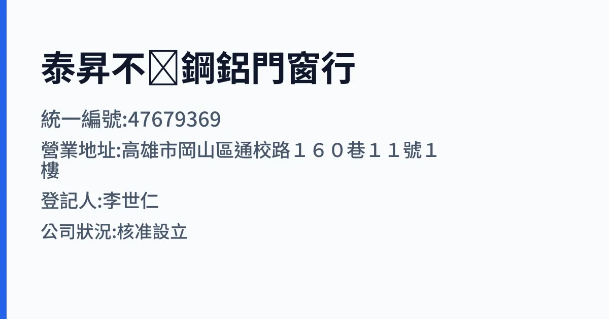 泰昇不锈鋼鋁門窗行 - 統編 47679369(高雄市) 公司登記資料與營業項目詳細圖表