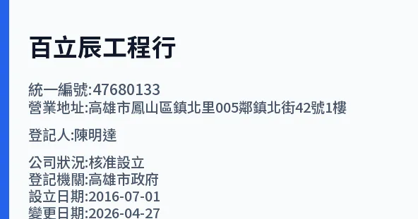 百立辰工程行的照片-統編 47680133(高雄市) 公司登記資料與營業項目詳細圖表
