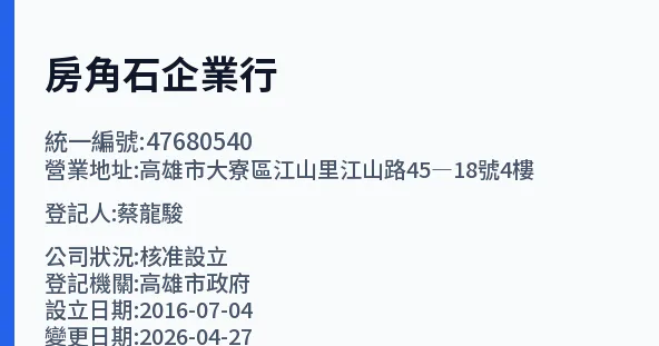 房角石企業行的照片-統編 47680540(高雄市) 公司登記資料與營業項目詳細圖表