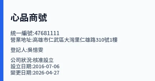心品商號的照片-統編 47681111(高雄市) 公司登記資料與營業項目詳細圖表
