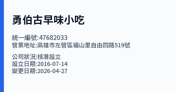 勇伯古早味小吃的照片-統編 47682033(高雄市) 公司登記資料與營業項目詳細圖表
