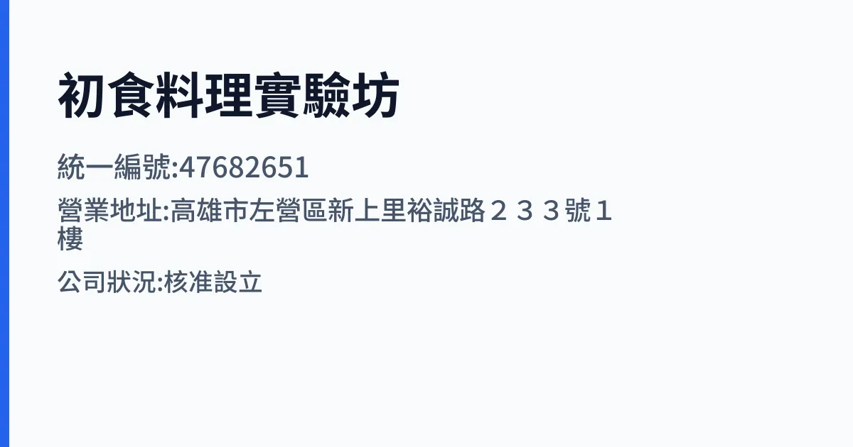 初食料理實驗坊 - 統編 47682651(高雄市) 公司登記資料與營業項目詳細圖表