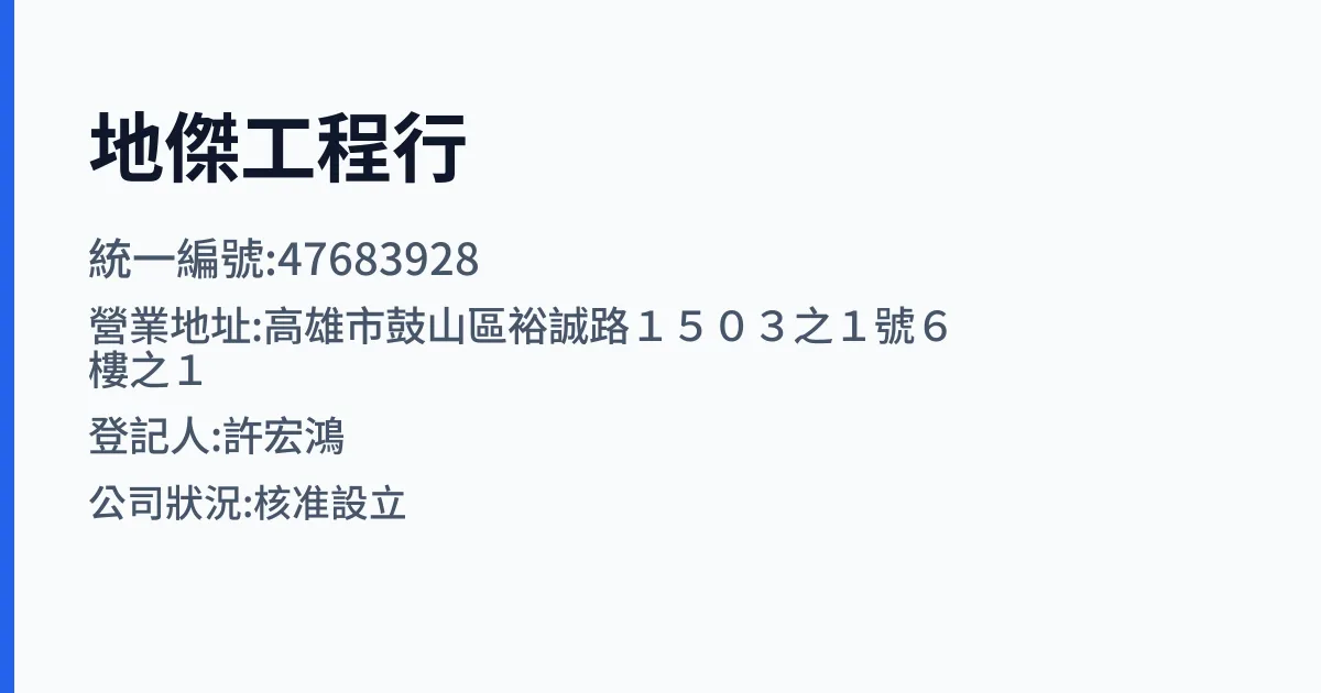 地傑工程行 - 統編 47683928(高雄市) 公司登記資料與營業項目詳細圖表