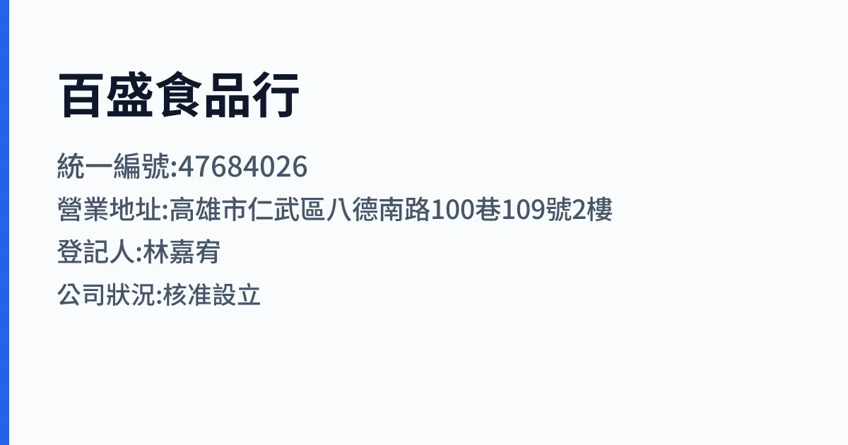 百盛食品行 - 統編 47684026(高雄市) 公司登記資料與營業項目詳細圖表