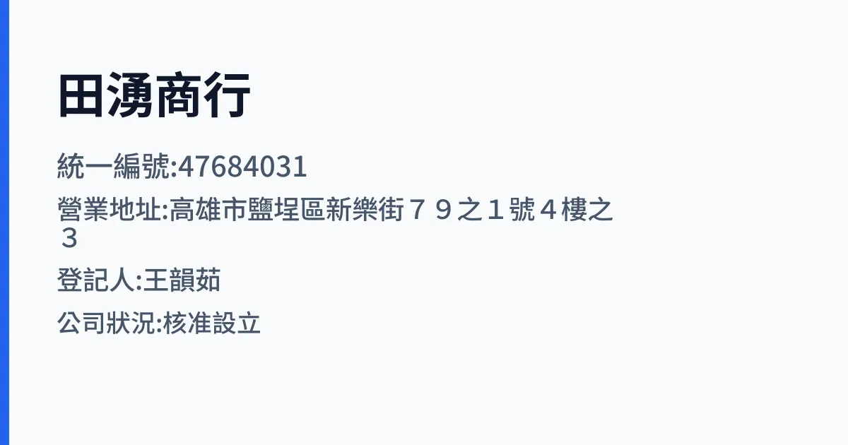 田湧商行 - 統編 47684031(高雄市) 公司登記資料與營業項目詳細圖表