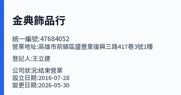 金典飾品行的照片-統編 47684052(高雄市) 公司登記資料與營業項目詳細圖表