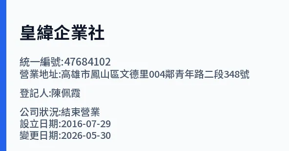 皇緯企業社的照片-統編 47684102(高雄市) 公司登記資料與營業項目詳細圖表