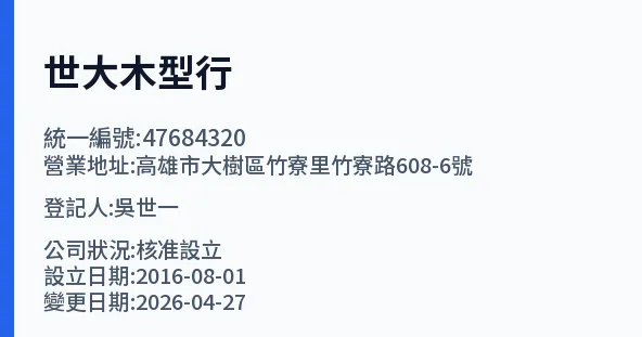 世大木型行的照片-統編 47684320(高雄市) 公司登記資料與營業項目詳細圖表