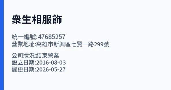 衆生相服飾的照片-統編 47685257(高雄市) 公司登記資料與營業項目詳細圖表