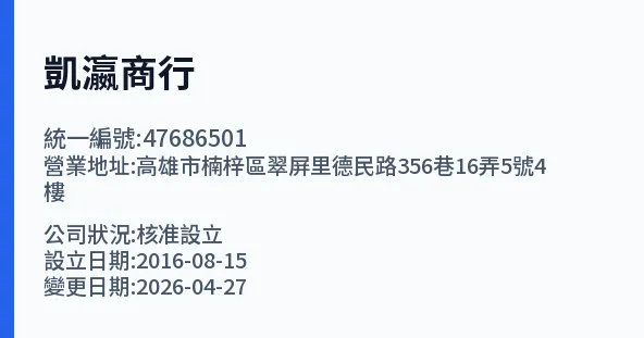 凱瀛商行的照片-統編 47686501(高雄市) 公司登記資料與營業項目詳細圖表