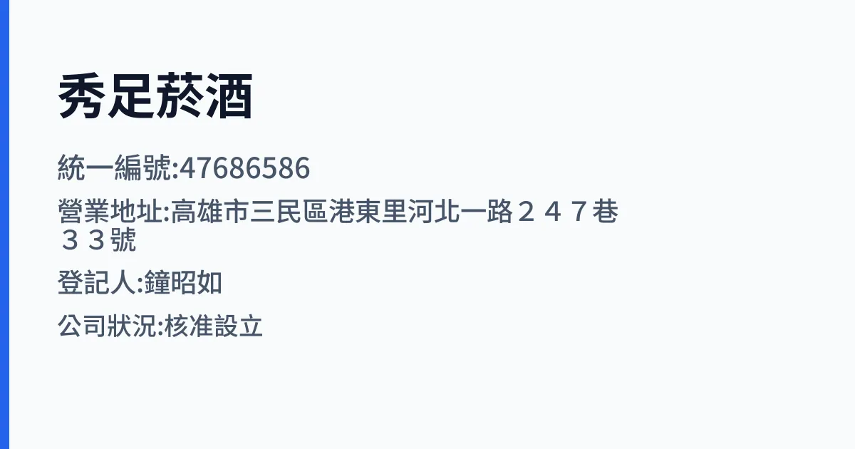 秀足菸酒 - 統編 47686586(高雄市) 公司登記資料與營業項目詳細圖表