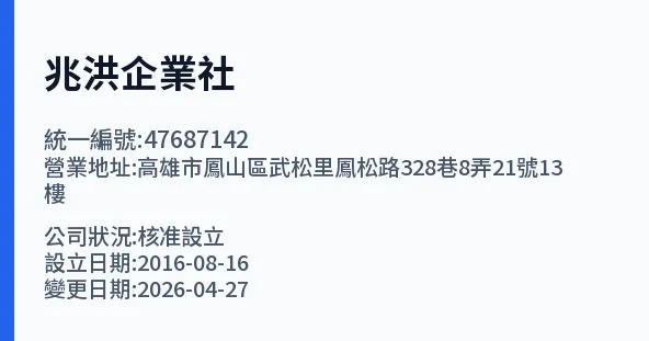 兆洪企業社的照片-統編 47687142(高雄市) 公司登記資料與營業項目詳細圖表