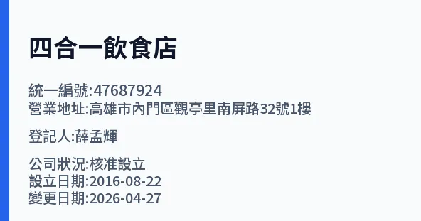 四合一飲食店的照片-統編 47687924(高雄市) 公司登記資料與營業項目詳細圖表