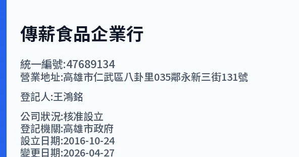 傳薪食品企業行的照片-統編 47689134(高雄市) 公司登記資料與營業項目詳細圖表
