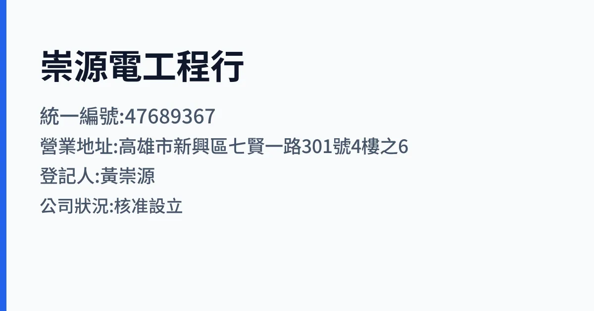 崇源電工程行 - 統編 47689367(高雄市) 公司登記資料與營業項目詳細圖表