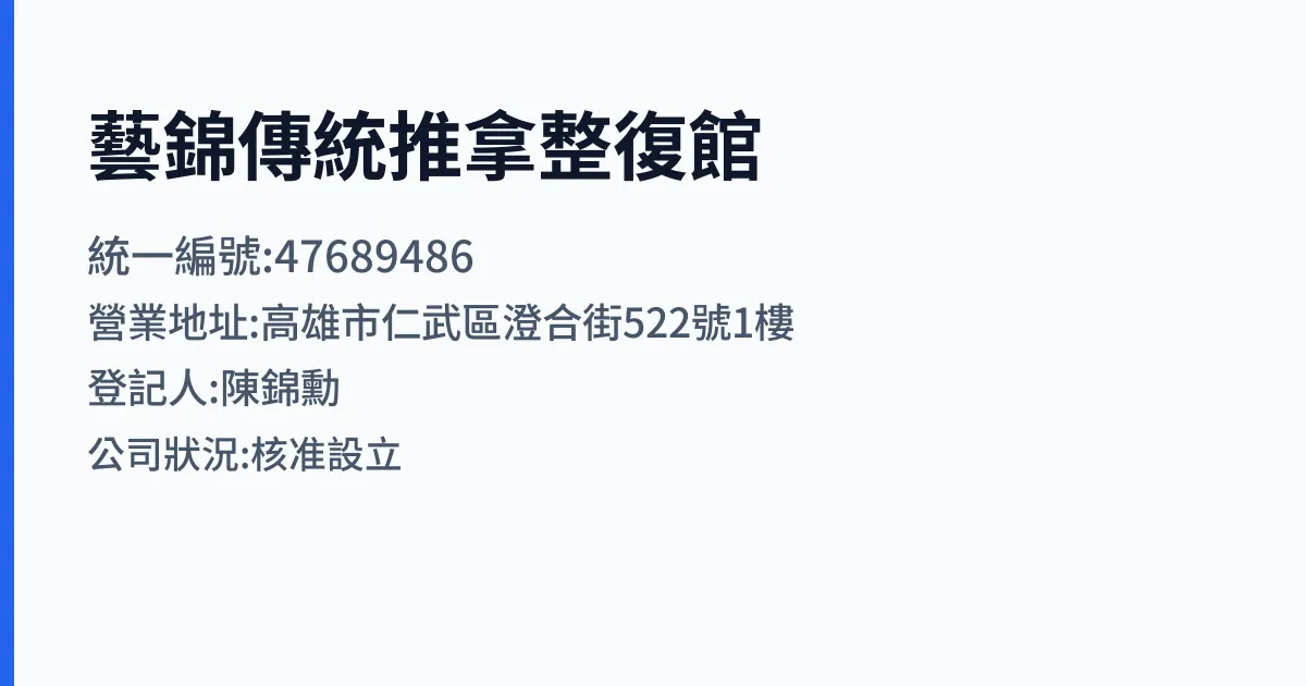 藝錦傳統推拿整復館 - 統編 47689486(高雄市) 公司登記資料與營業項目詳細圖表
