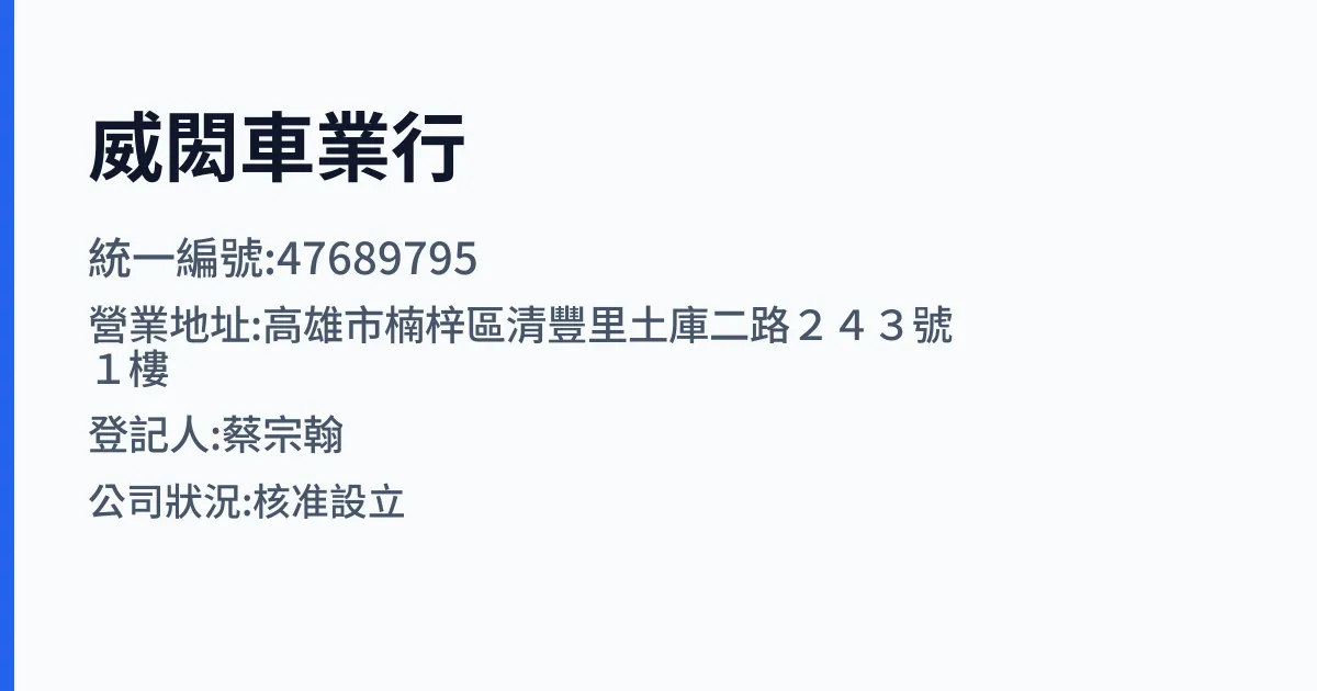 威閎車業行 - 統編 47689795(高雄市) 公司登記資料與營業項目詳細圖表
