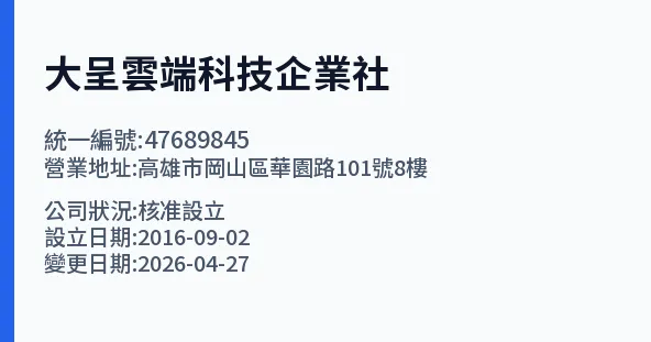 大呈雲端科技企業社的照片-統編 47689845(高雄市) 公司登記資料與營業項目詳細圖表
