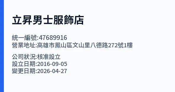 立昇男士服飾店的照片-統編 47689916(高雄市) 公司登記資料與營業項目詳細圖表