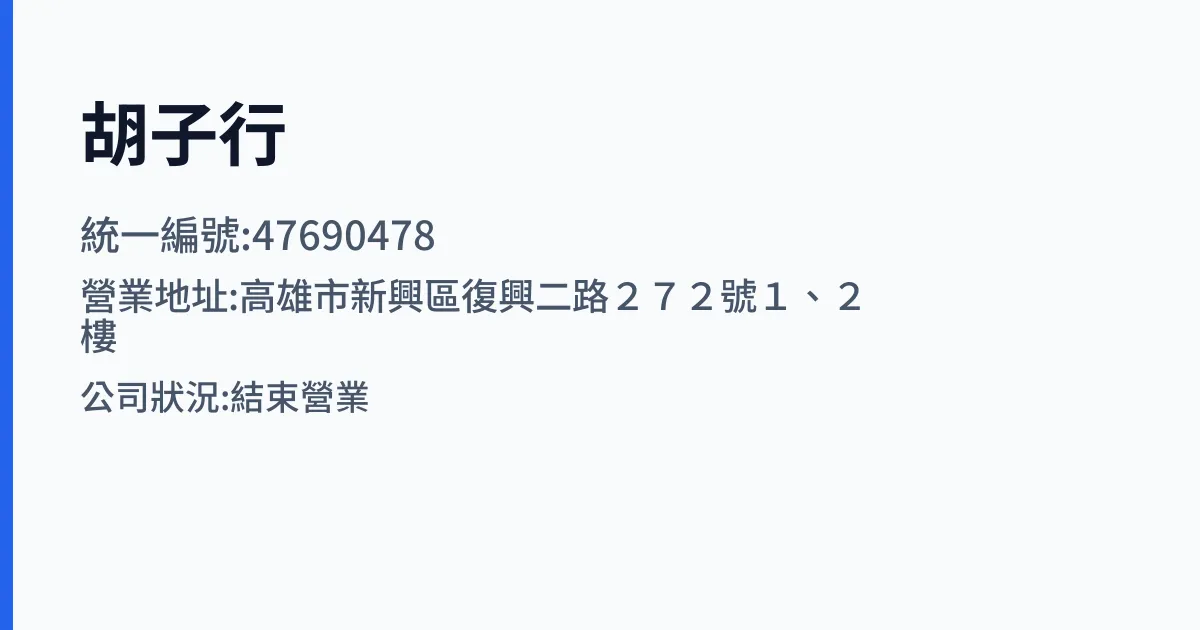 胡子行 - 統編 47690478(高雄市) 公司登記資料與營業項目詳細圖表