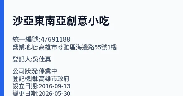 沙亞東南亞創意小吃的照片-統編 47691188(高雄市) 公司登記資料與營業項目詳細圖表