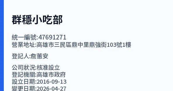 群穩小吃部的照片-統編 47691271(高雄市) 公司登記資料與營業項目詳細圖表