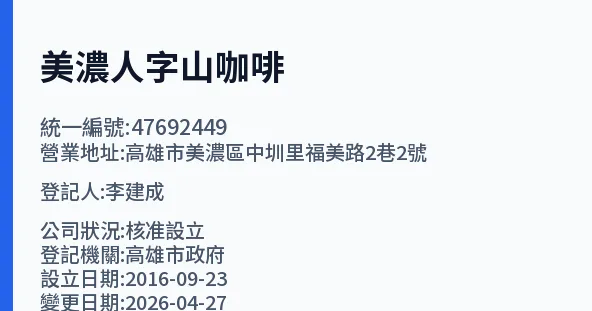 美濃人字山咖啡的照片-統編 47692449(高雄市) 公司登記資料與營業項目詳細圖表